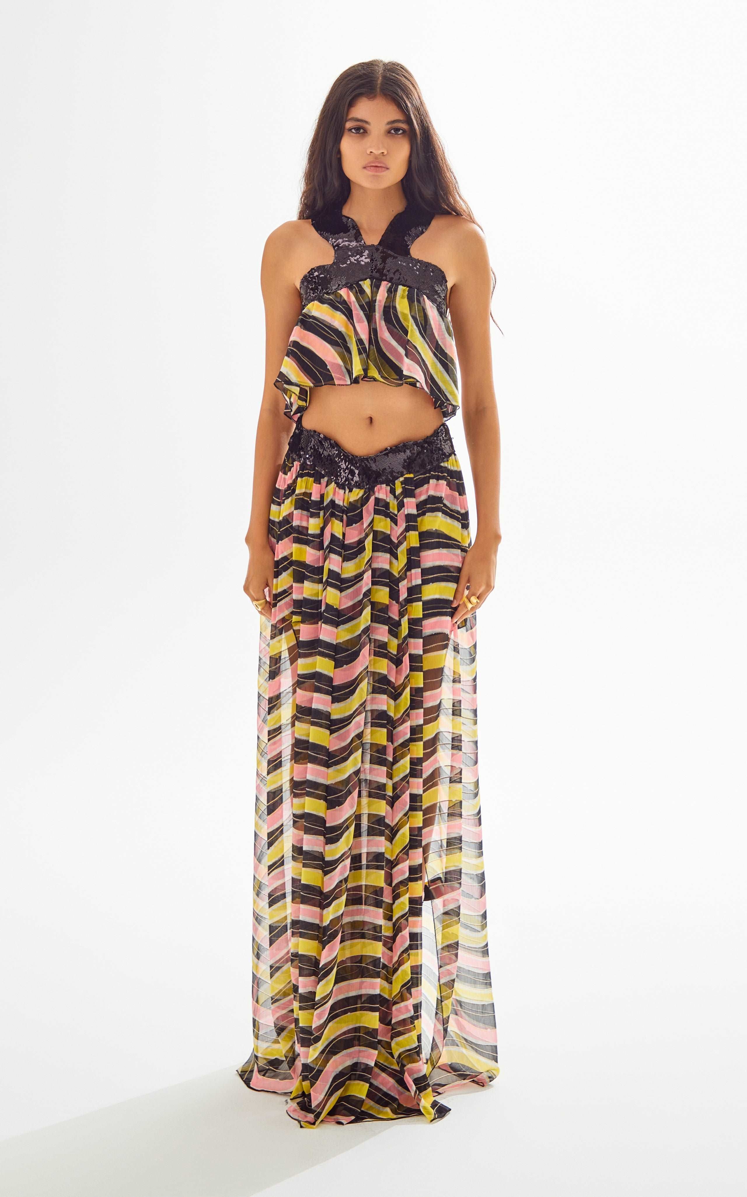 Amazonica Chiffon Wavy Striped Maxi Skirt with Black Sequin and High S ...
