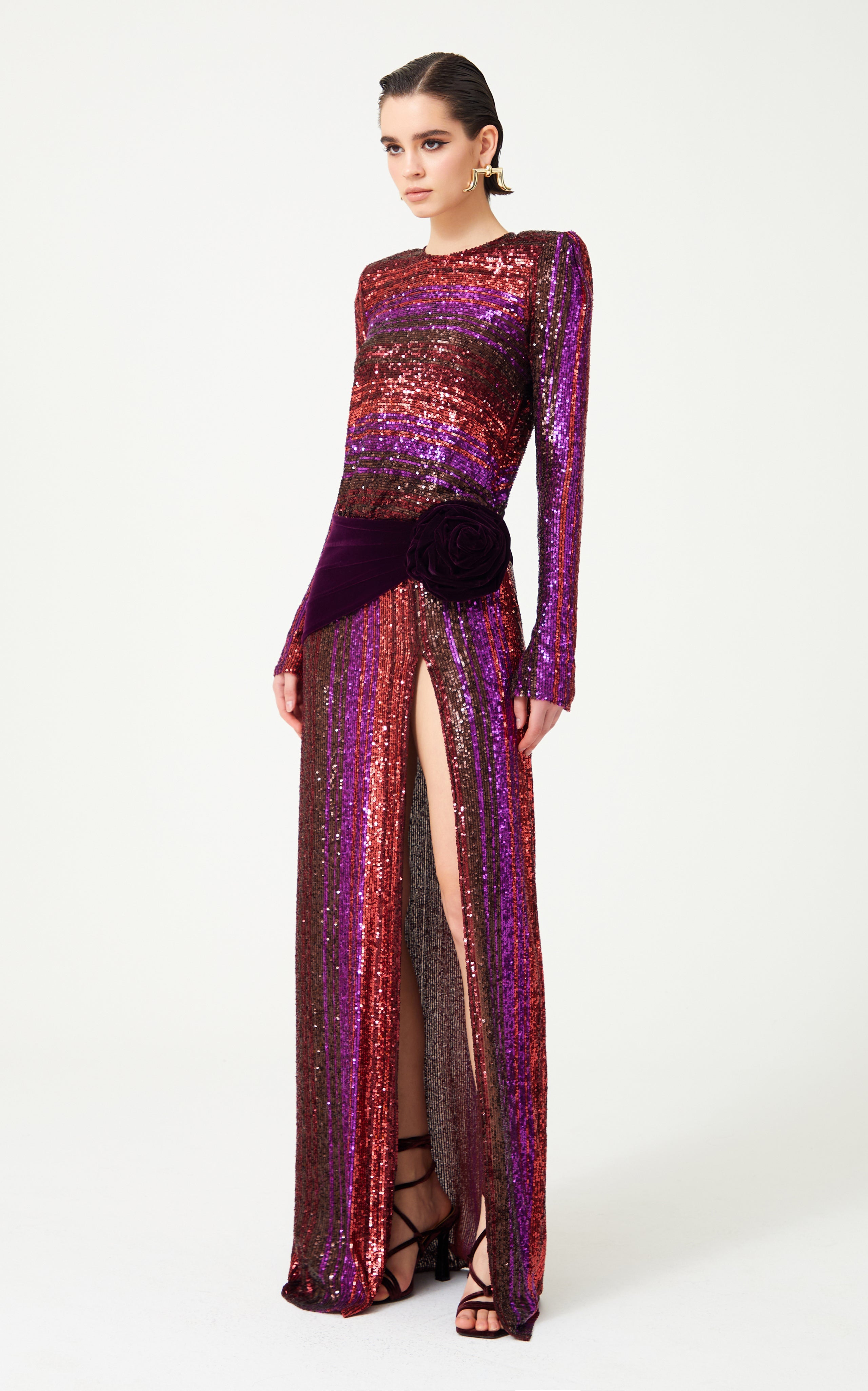 Multi Color Pailletted Dress With Draped Waist And Velvet Rose Detail ...