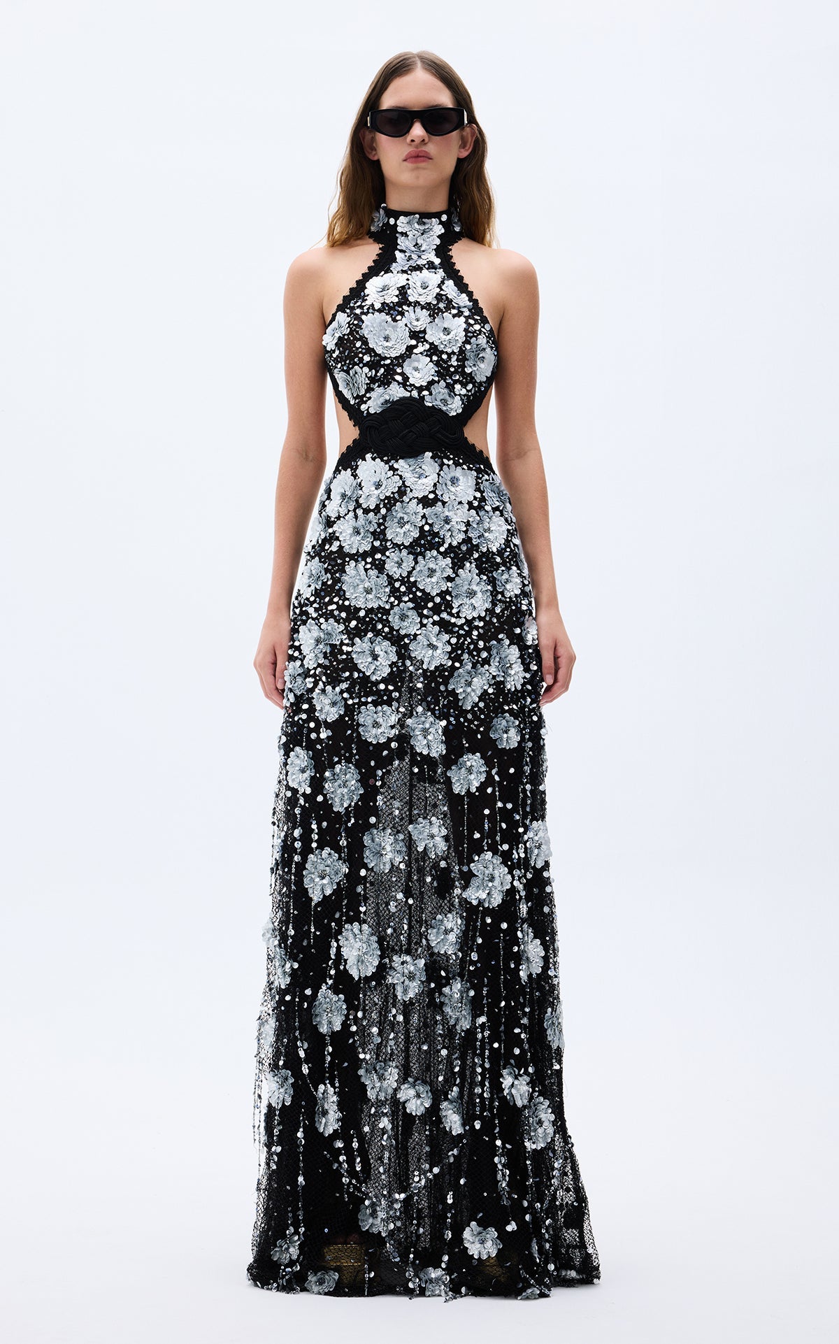 Flower Shaped Sequin Embroidered Black Net Gown With Handmade Belt Det ...